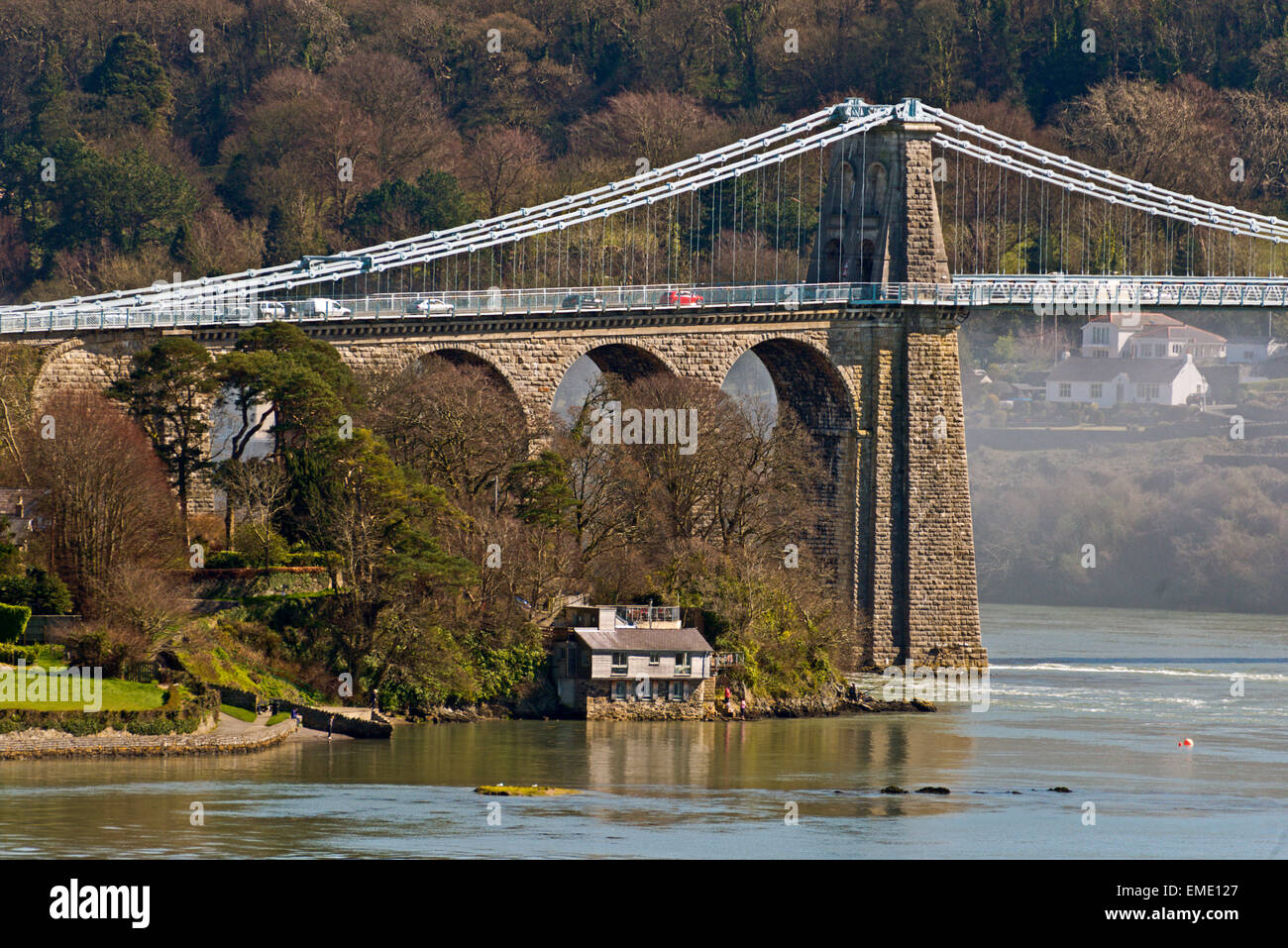 Menai Suspension Bridge Menai Straits Anglesey North Wales Uk boats sea ...