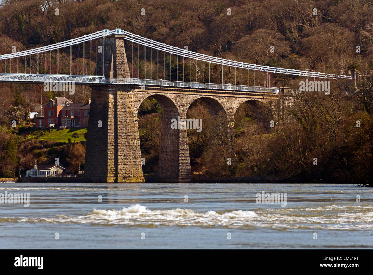 Menai Suspension Bridge Menai Straits Anglesey North Wales Uk boats sea ...