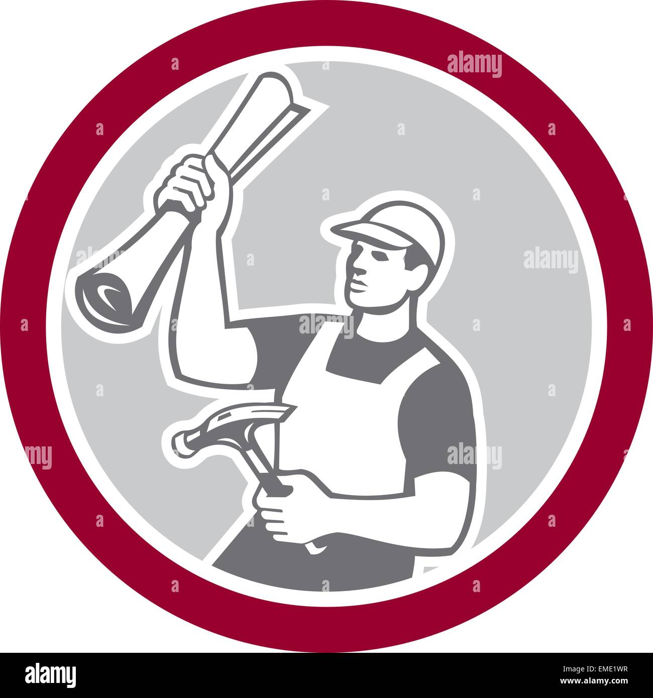 Builder Carpenter Holding Hammer Building Plan Retro Stock Vector Image ...