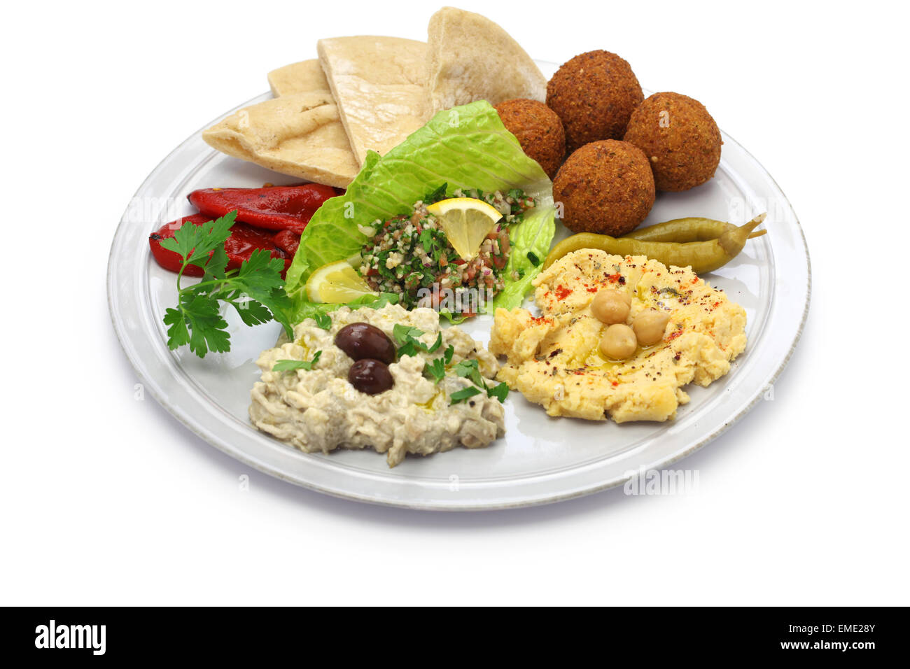 hummus, falafel, baba ghanoush, tabbouleh and pita, middle eastern ...