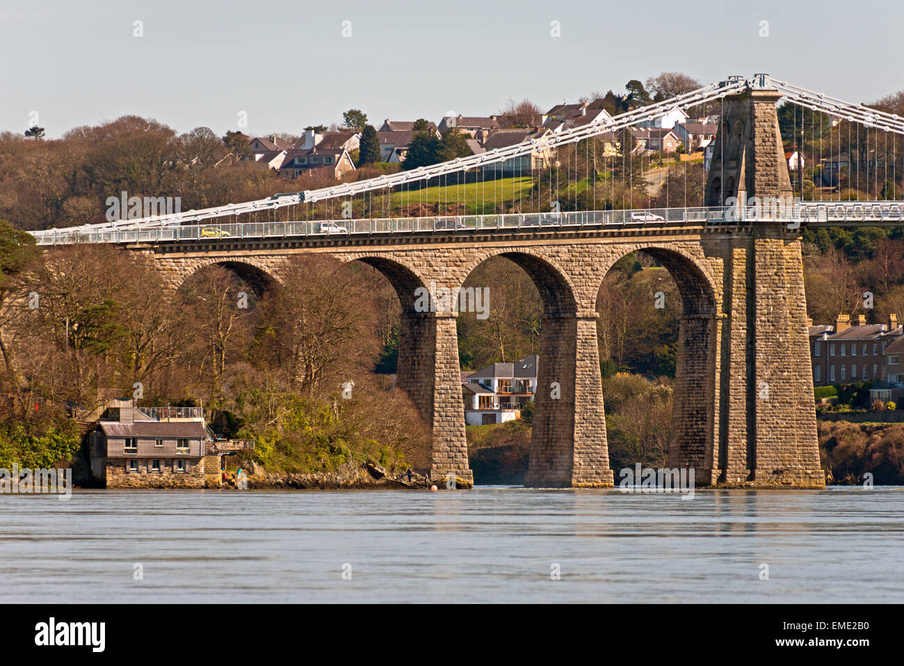 Menai Suspension Bridge Menai Straits Anglesey North Wales Uk boats sea ...