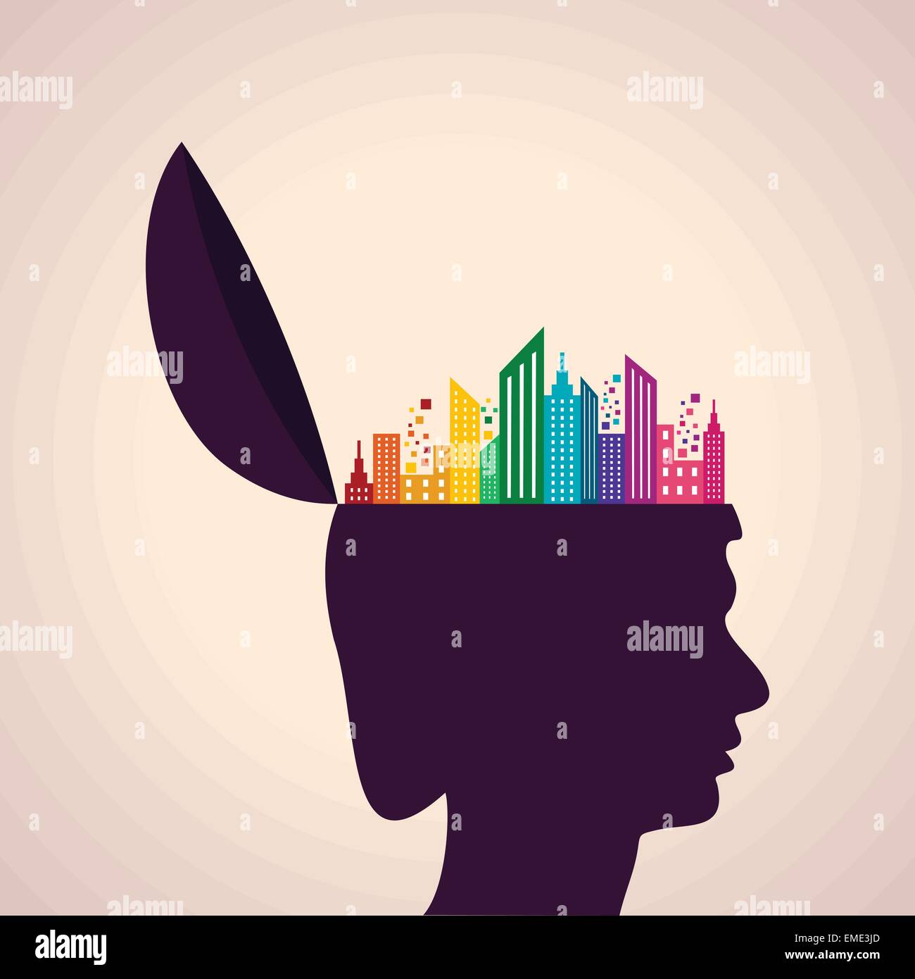 Illustration of thinking concept-Human head with colorful building icon ...