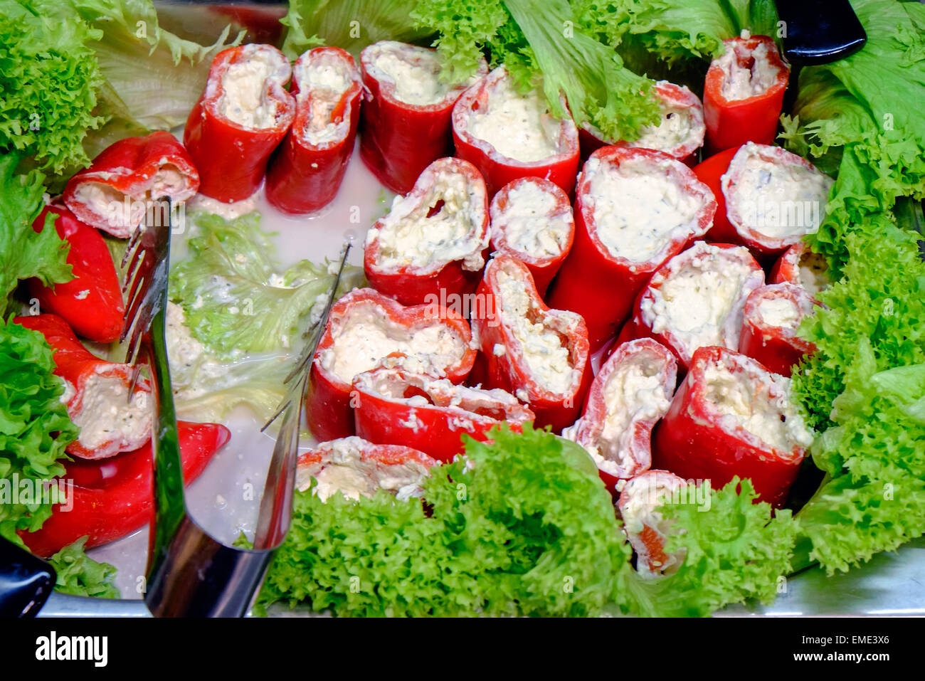 Filled hot pepper seen at a restaurant buffet Stock Photo - Alamy