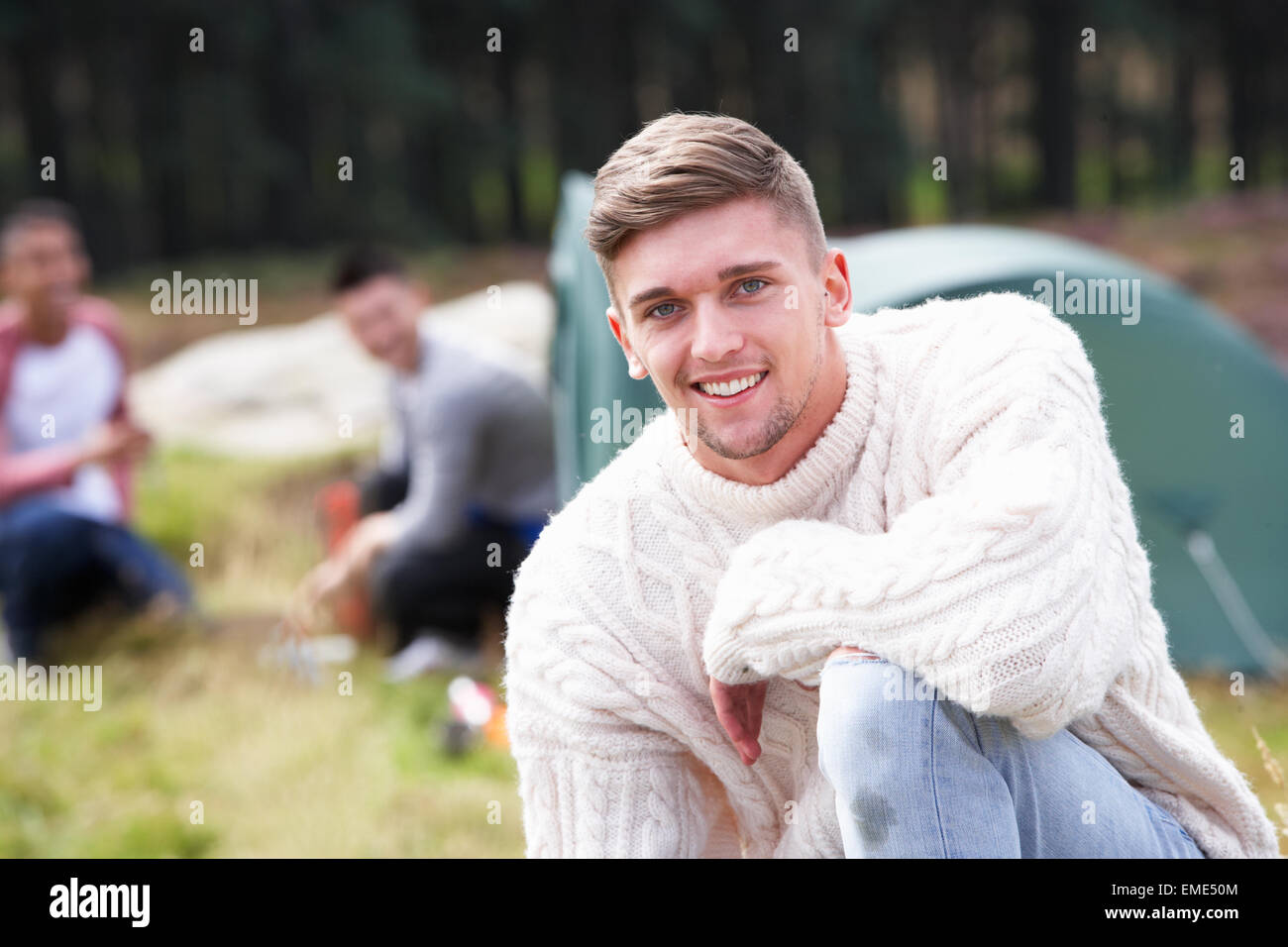 Group Of Young Men On Camping Trip In Countryside Stock Photo - Alamy