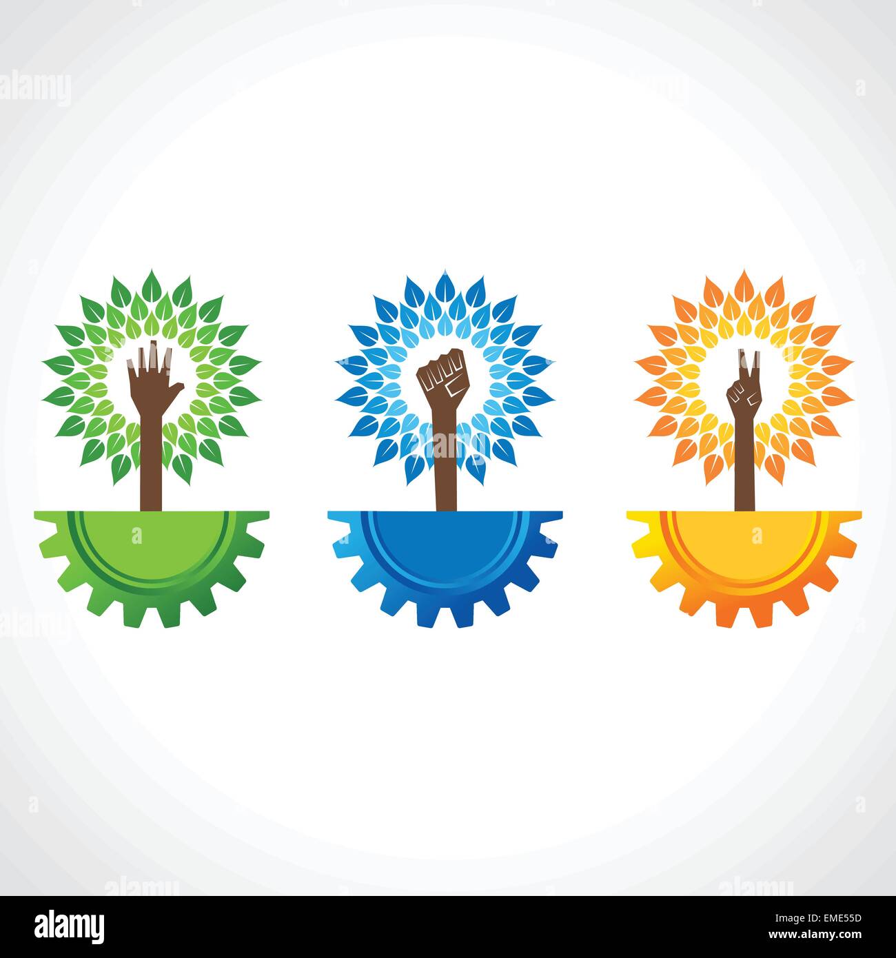 Unity ,victory and helping hand make tree on gear- vector illustration ...
