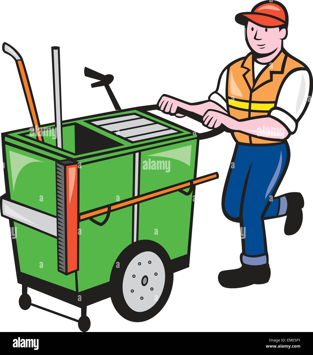 Streeet Cleaner Pushing Trolley Cartoon Isolated Stock Vector Image ...