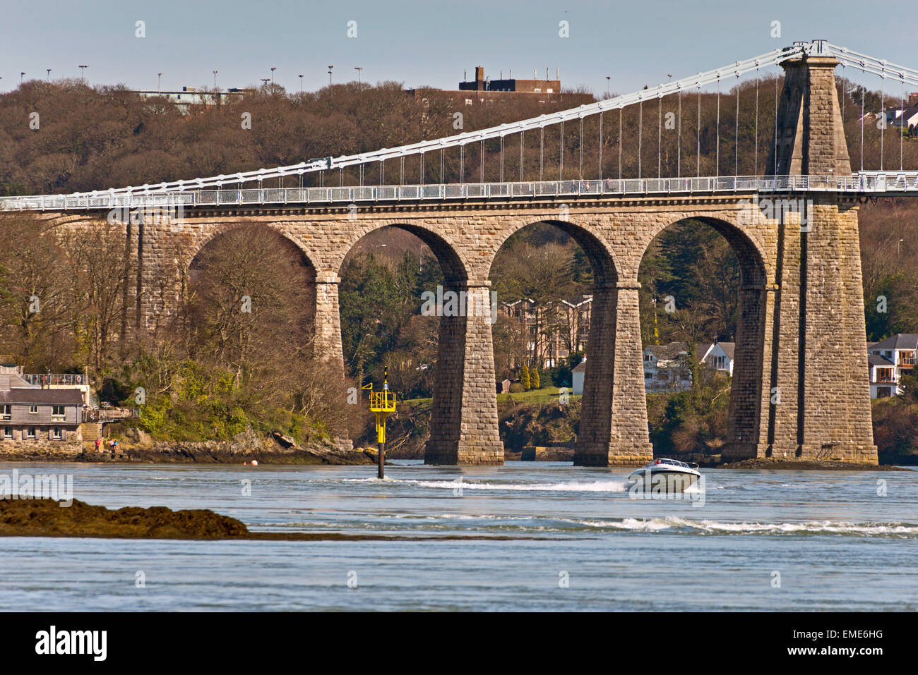 Menai Suspension Bridge Menai Straits Anglesey North Wales Uk boats sea ...