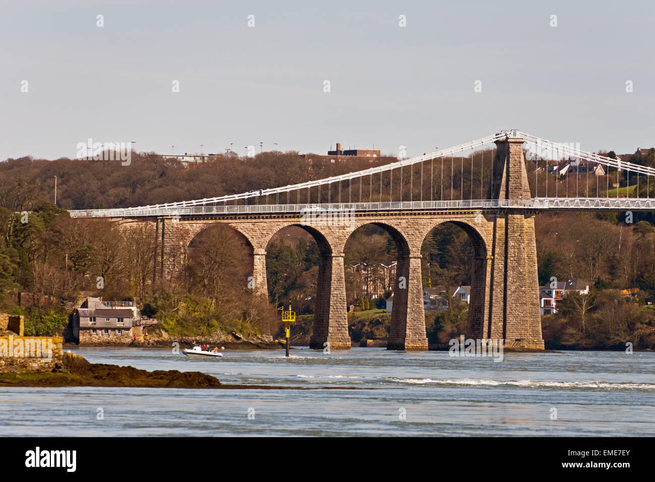 Menai Suspension Bridge Menai Straits Anglesey North Wales Uk boats sea ...