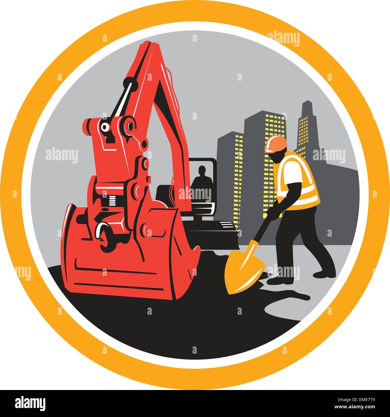 Mechanical Digger Construction Worker Circle Stock Vector Image & Art ...