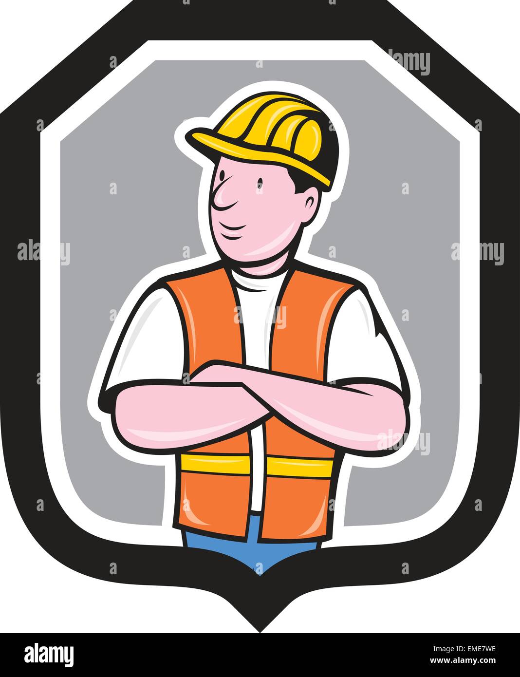 Construction Worker Arms Crossed Shield Cartoon Stock Vector Image ...