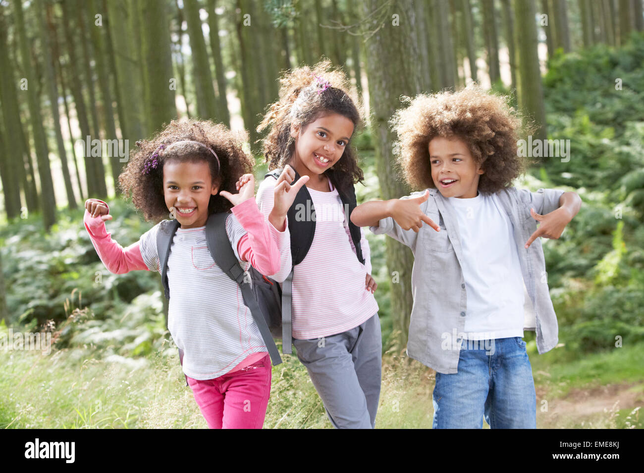 Three Children Exploring Woods Together Stock Photo - Alamy