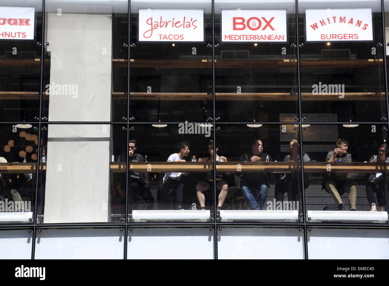 Window of a food court in midtown Manhattan near Times Square. New York ...