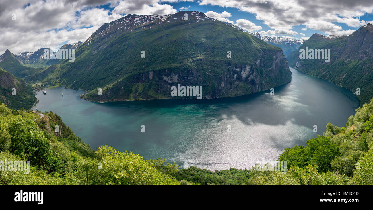 Panorama of the Geirangerfjord, a UNESCO heritage site, and the village ...