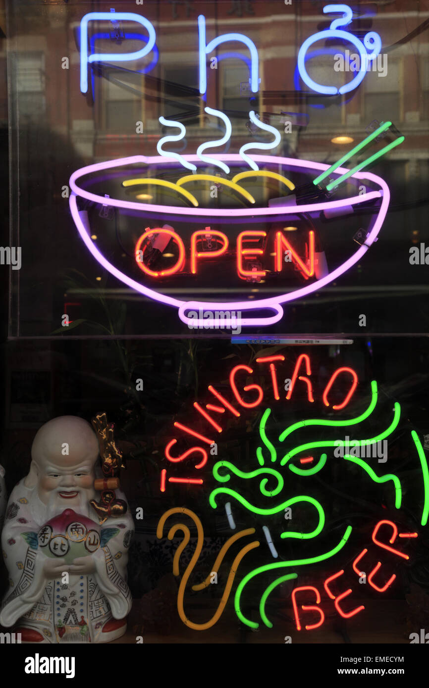 Neon sign of Pho a typical Vietnamese needle soup in the window of a ...
