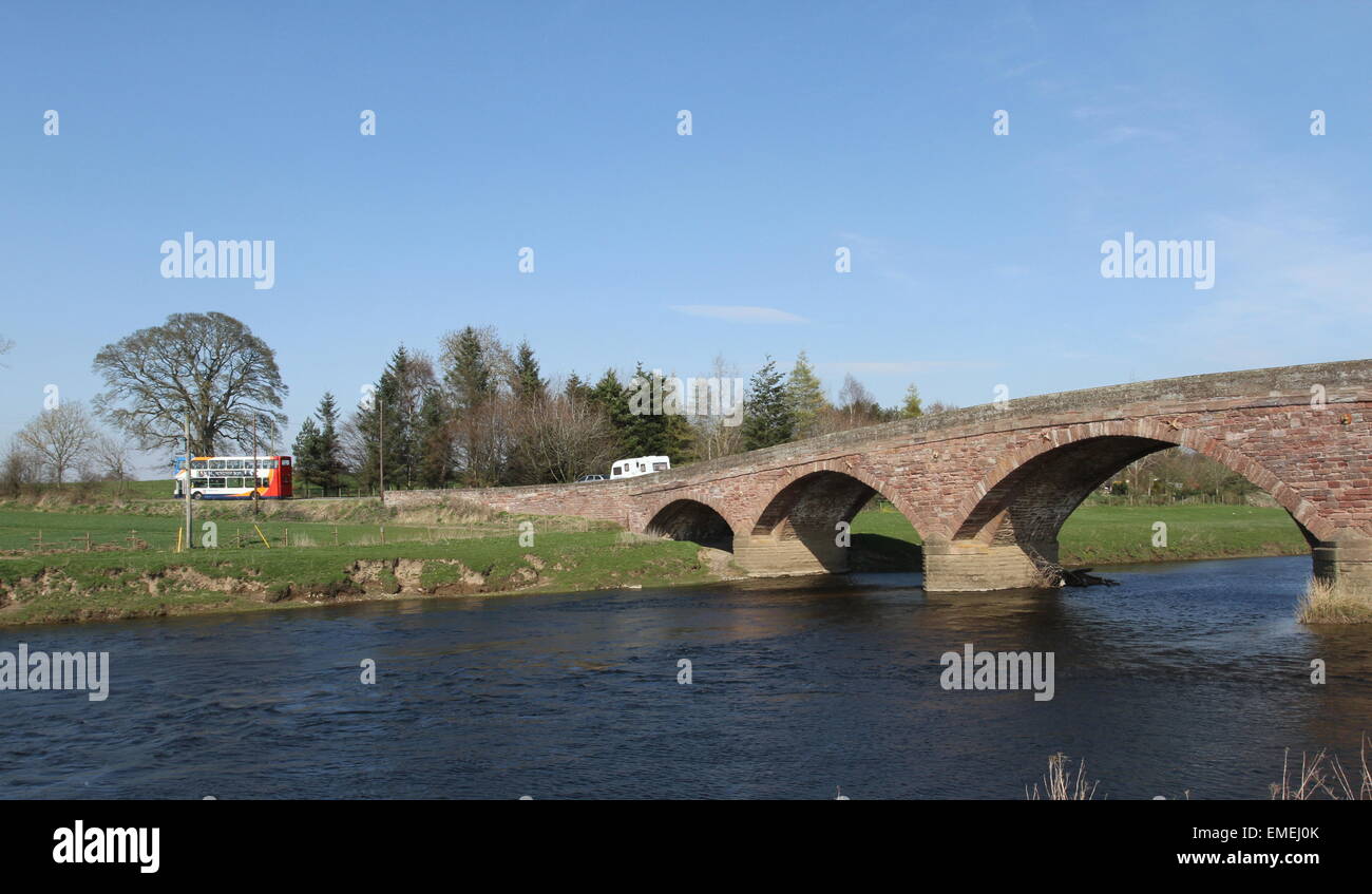 Stagecoach bus and bridge over River Isla Coupar Angus Scotland April ...
