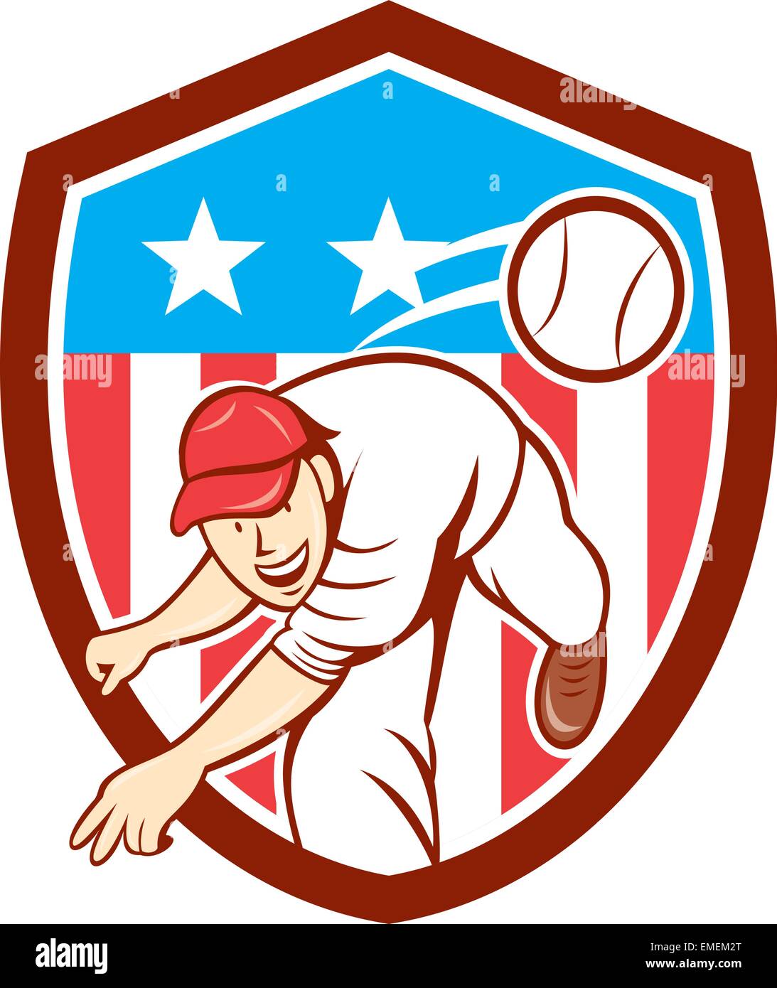 Baseball Pitcher Outfielder Throwing Ball Shield Cartoon Stock Vector ...