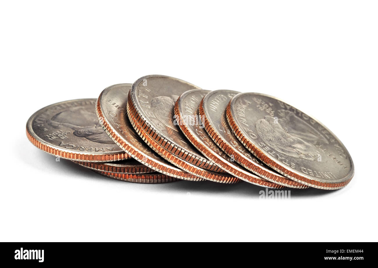 pile of one quarter coins isolated on white Stock Photo - Alamy