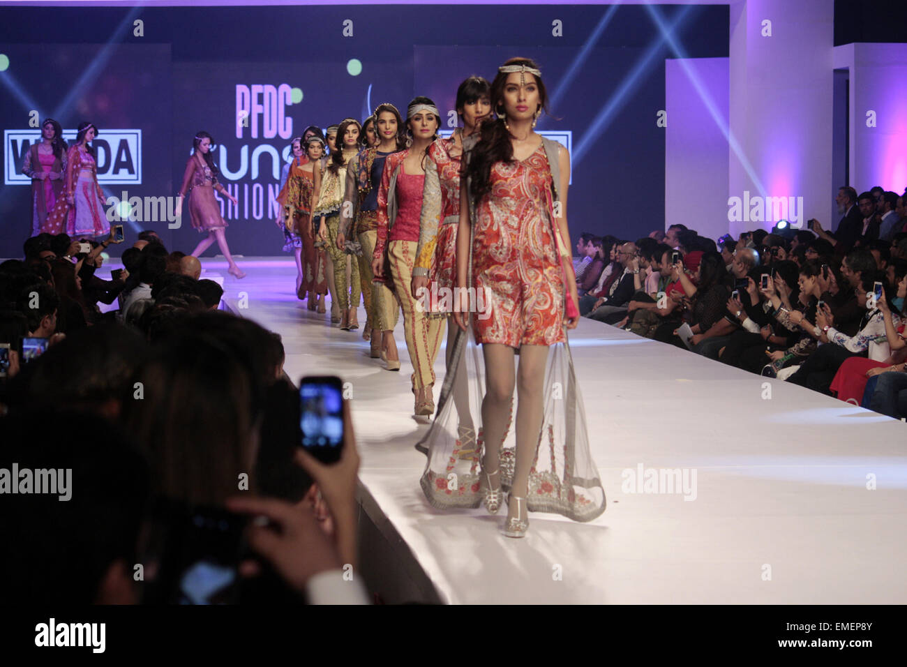Lahore. 20th Apr, 2015. Models present creations by designer Warda ...