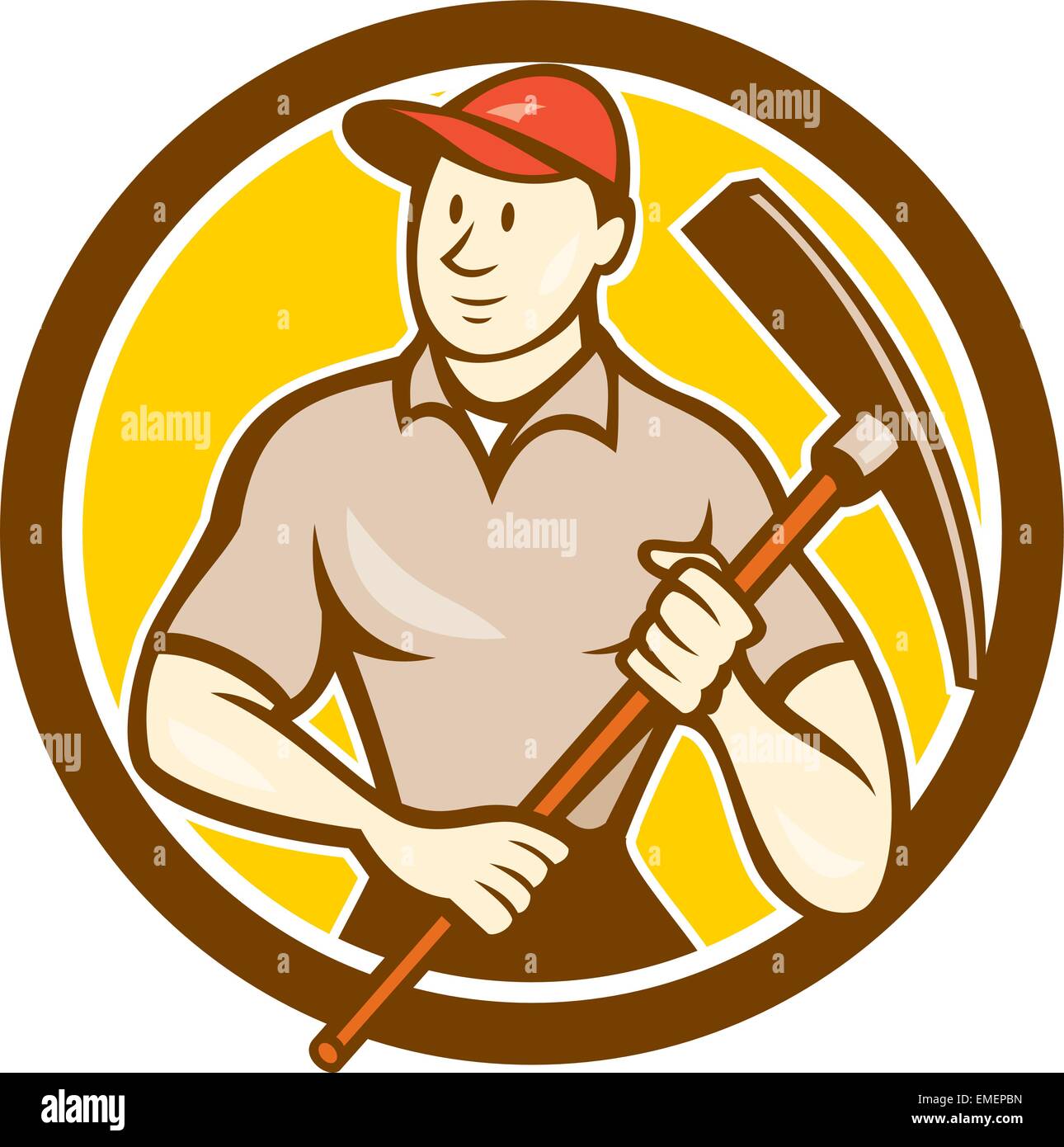 Construction Worker Holding Pickaxe Circle Cartoon Stock Vector Image ...