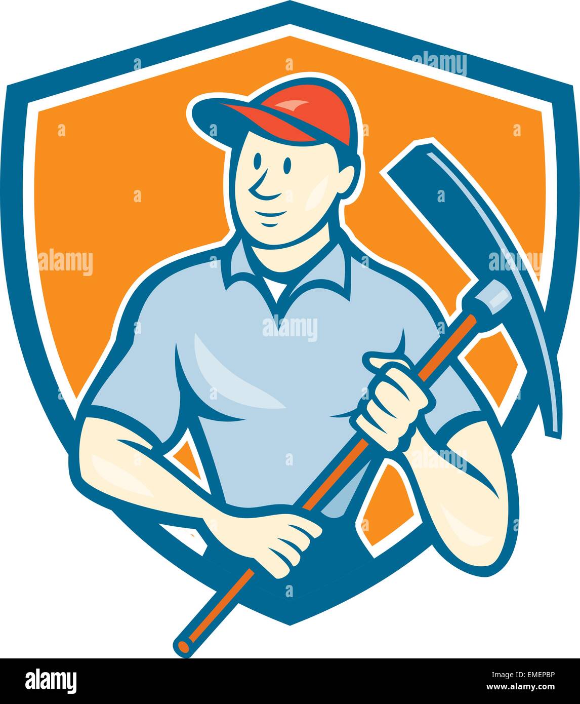 Construction Worker Holding Pickaxe Shield Cartoon Stock Vector Image ...