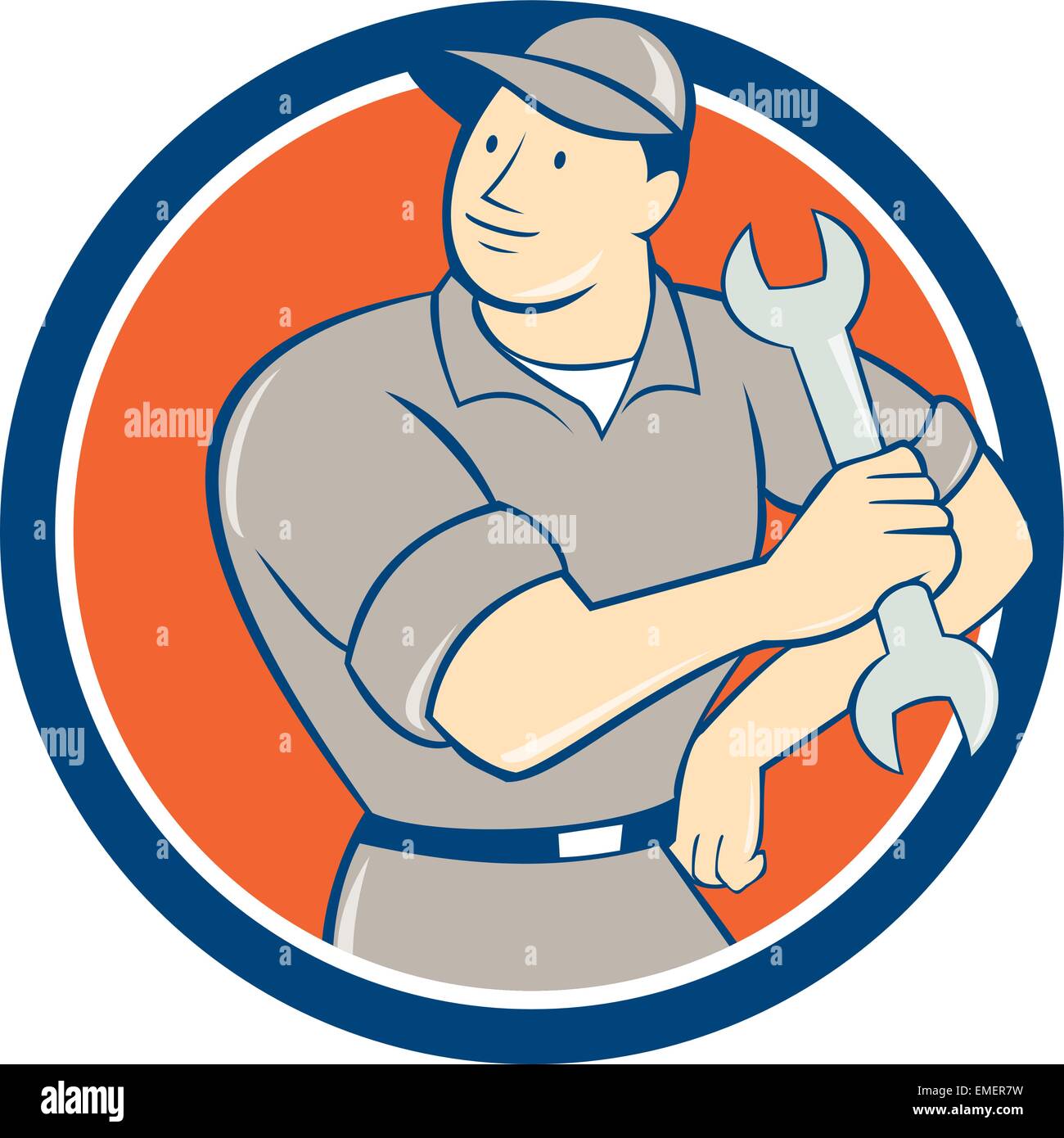 Mechanic Hold Spanner Wrench Circle Cartoon Stock Vector Image & Art ...