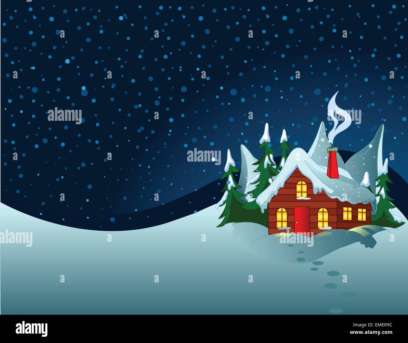 Snowy cabin night tree Stock Vector Images - Alamy