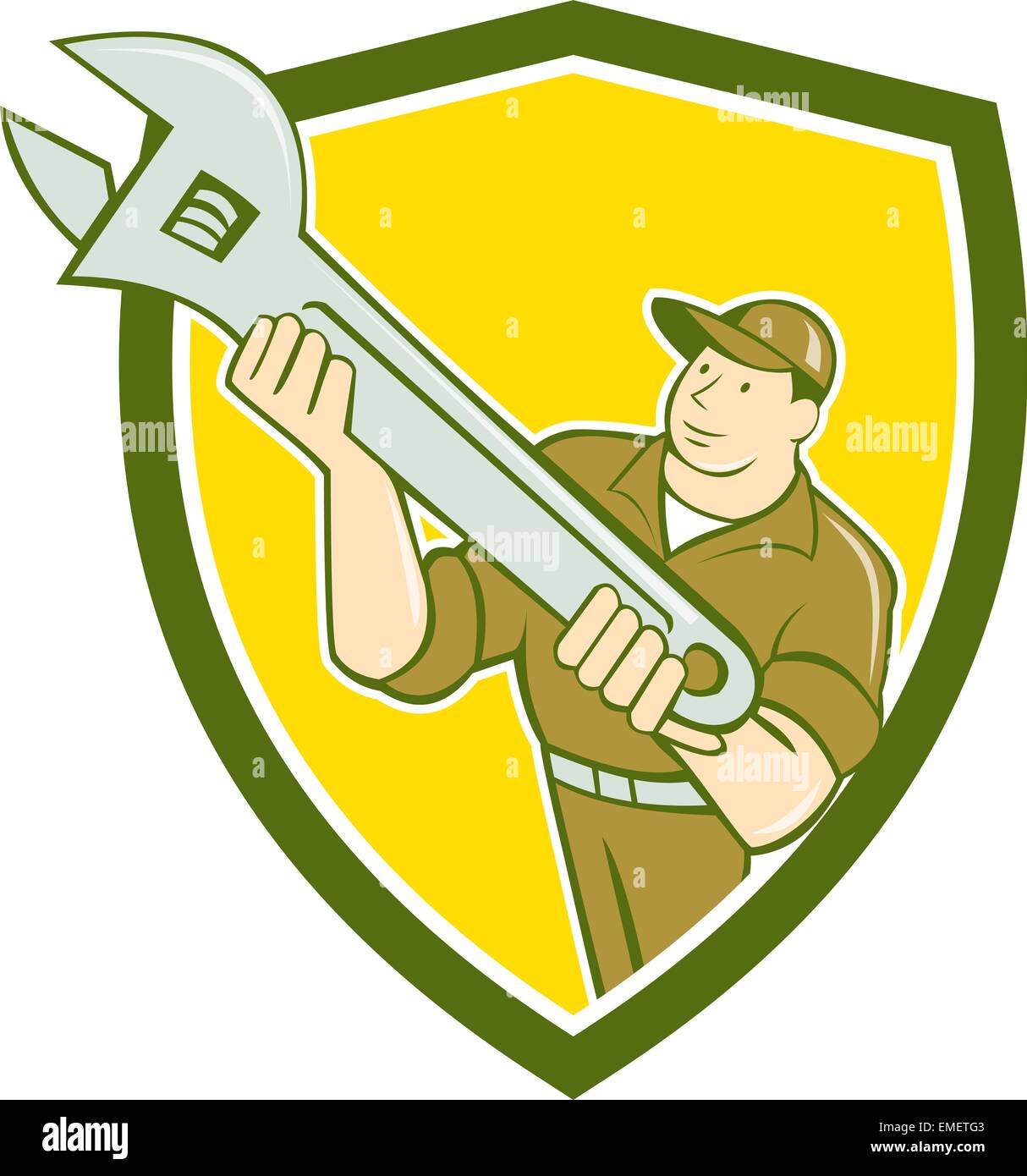 Mechanic Presenting Spanner Wrench Shield Cartoon Stock Vector Image ...