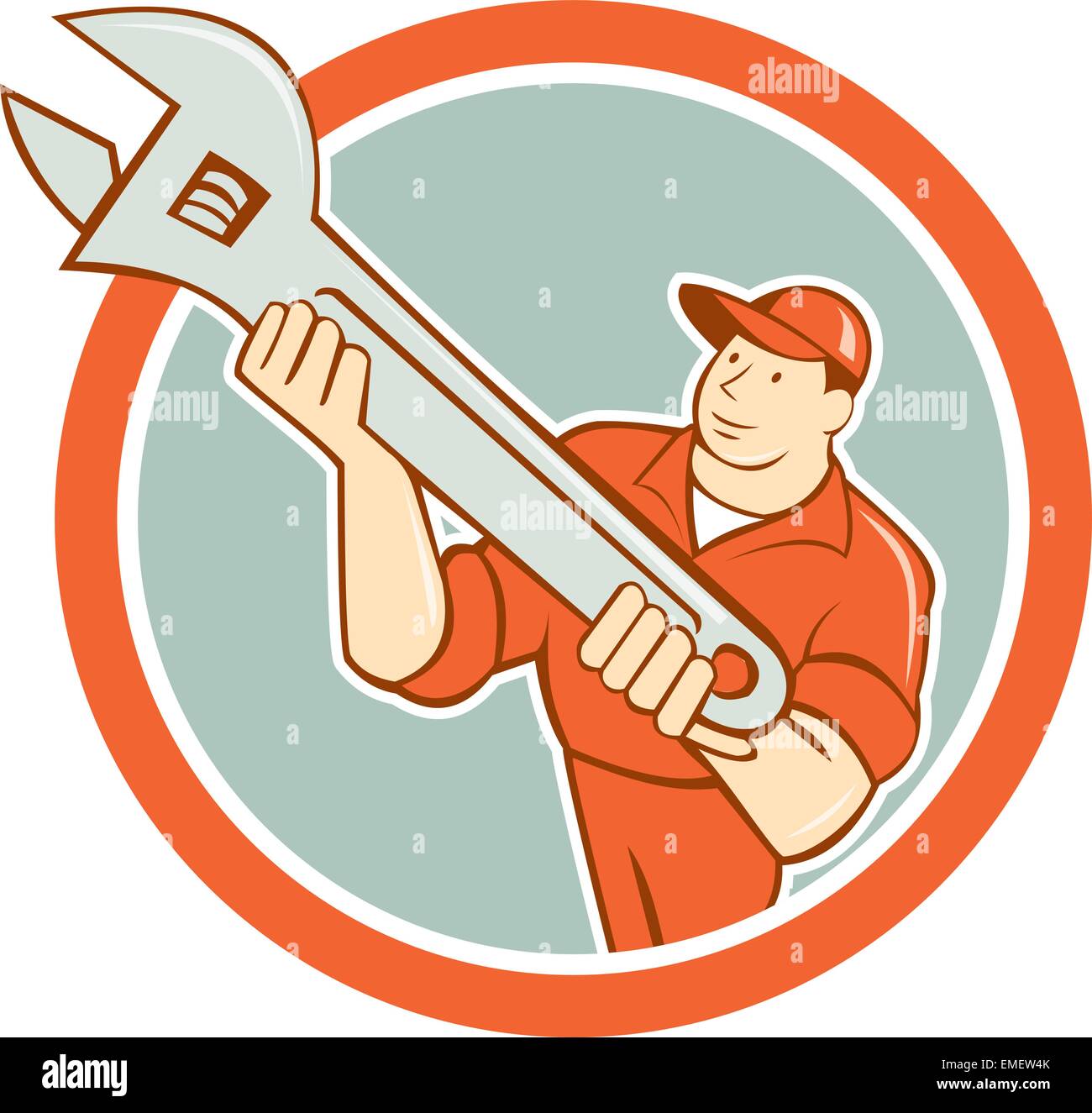 Mechanic Presenting Spanner Wrench Circle Cartoon Stock Vector Image ...