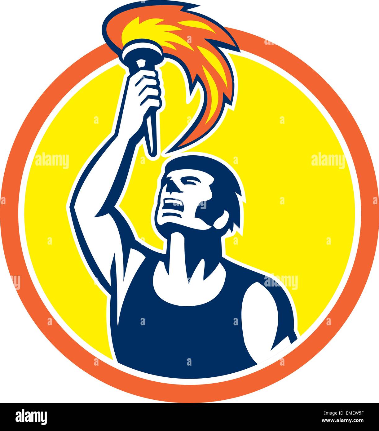 Athlete Player Raising Flaming Torch Circle Retro Stock Vector Image ...