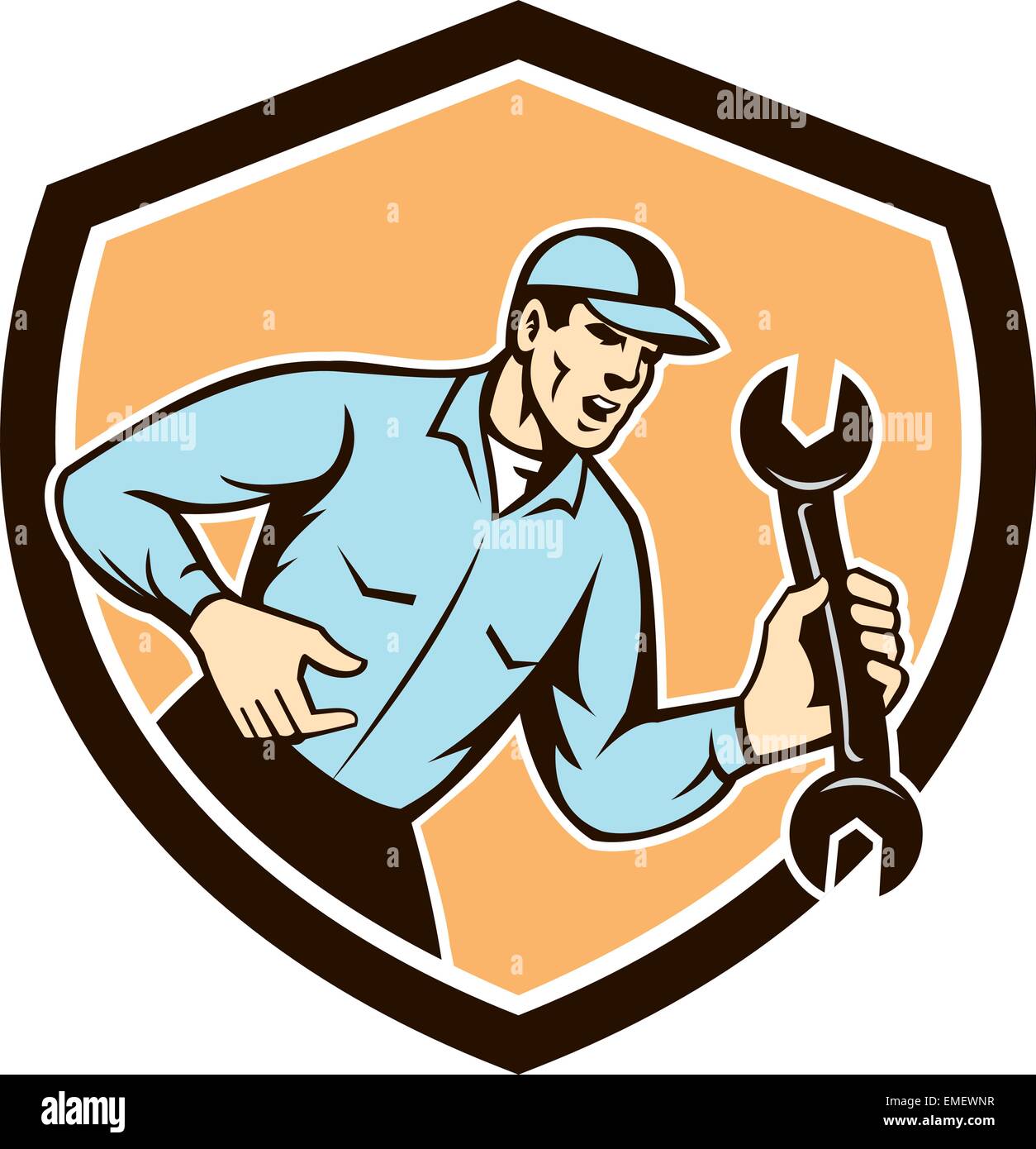 Mechanic Shouting Holding Spanner Wrench Shield Retro Stock Vector ...