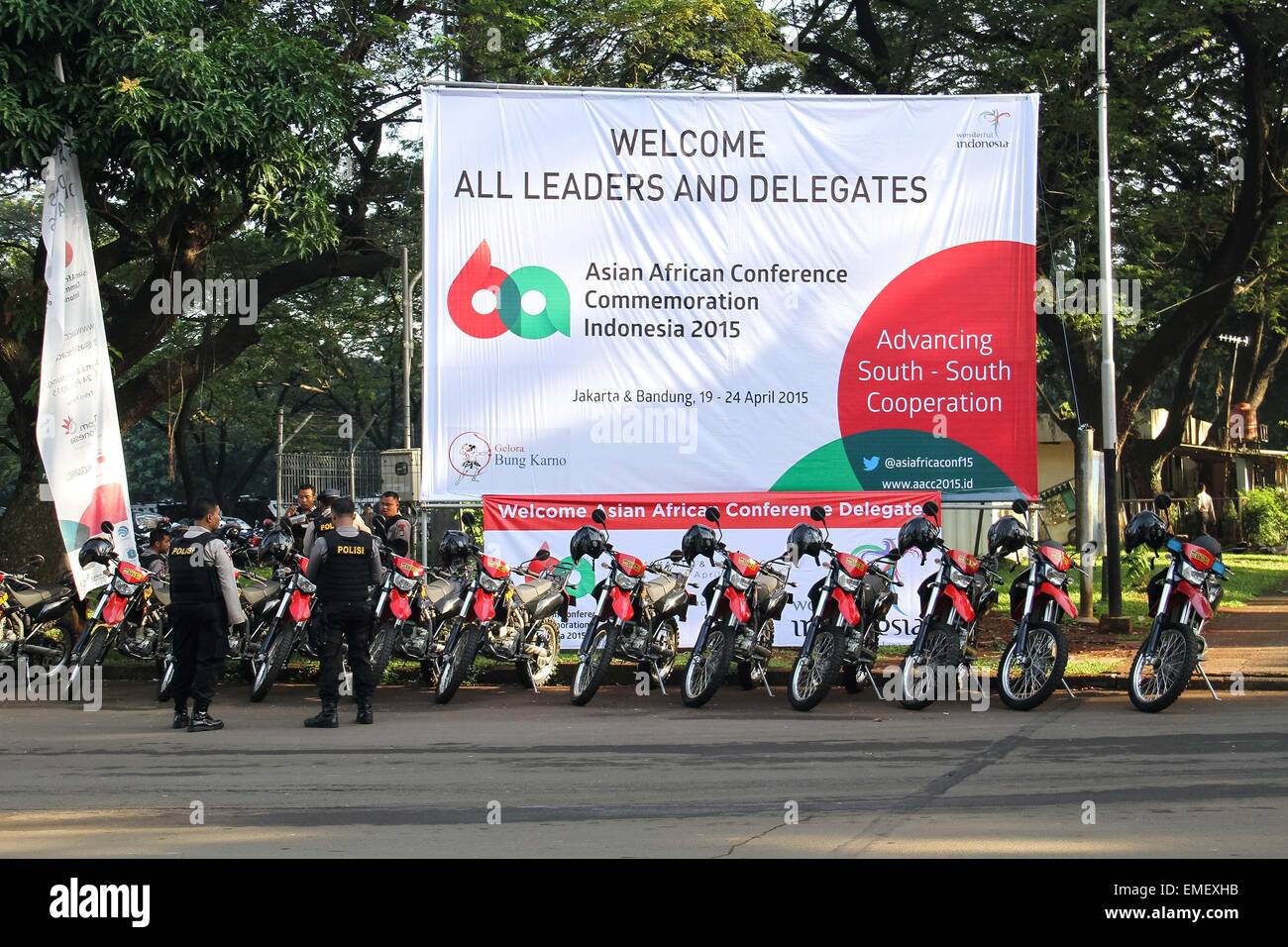 Jakarta, Indonesia. 19th Apr, 2015. A welcome banner for the ...