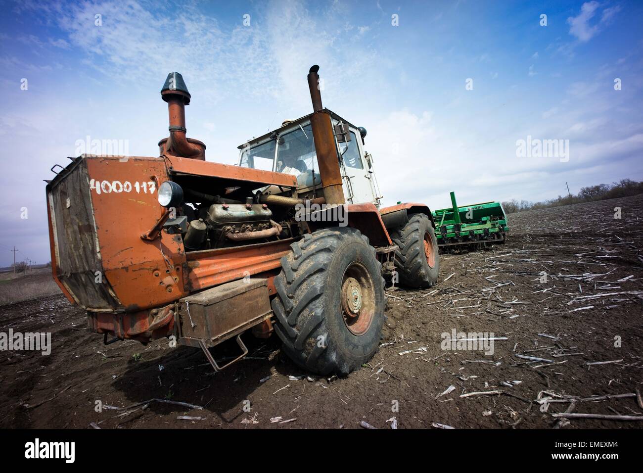 Donetsk, Ukraine. 18th Apr, 2015. A tractor seen operating safely in ...