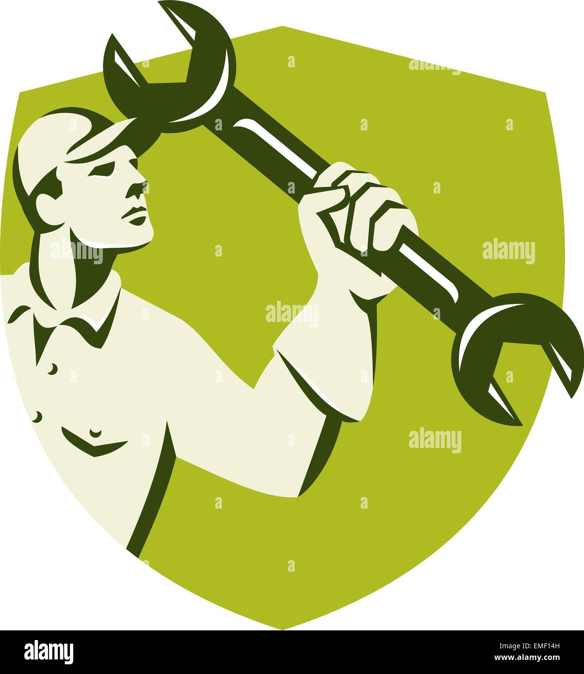 Mechanic Wielding Spanner Wrench Shield Retro Stock Vector Image & Art ...