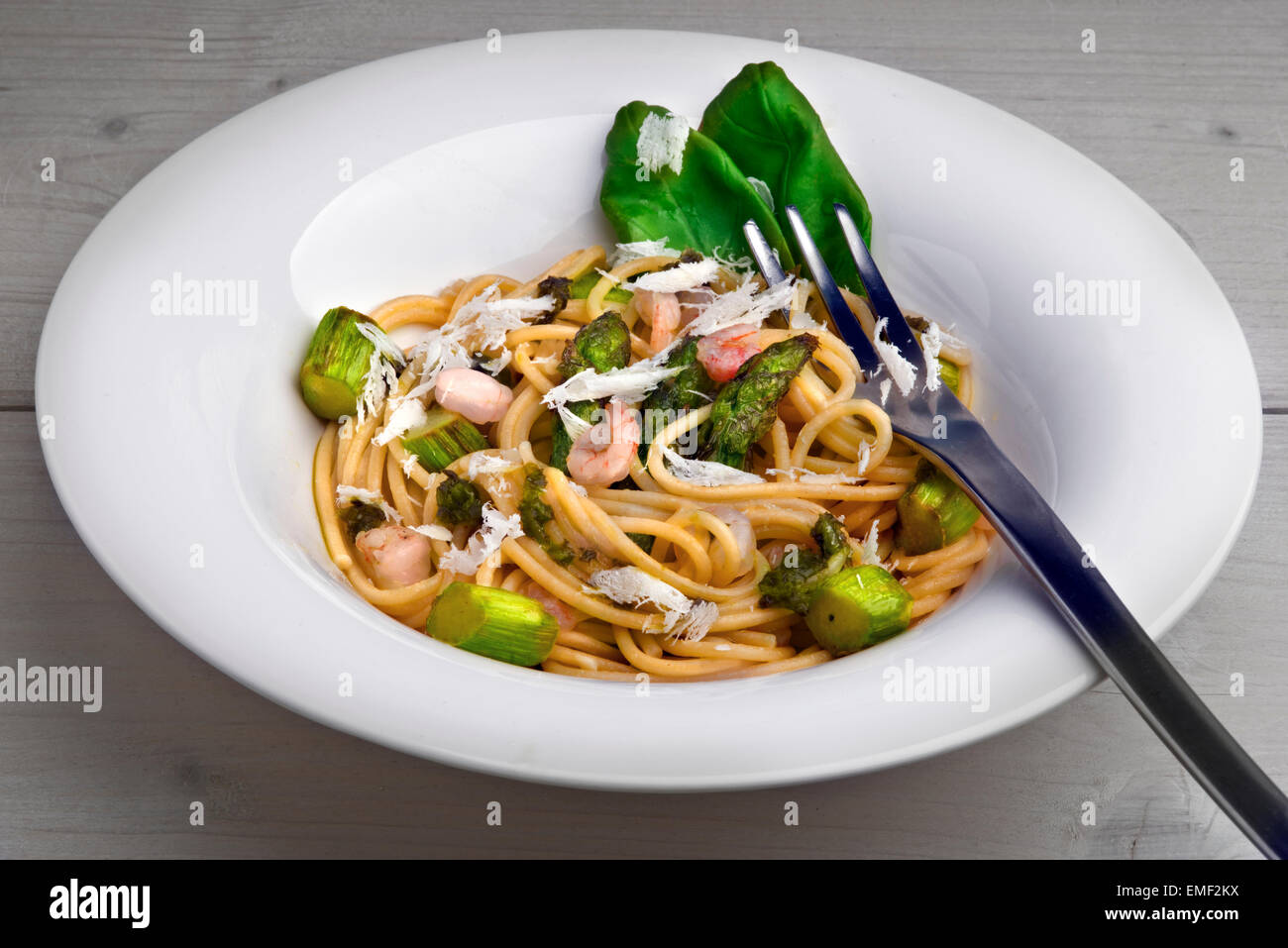Whole grain pasta with green asparagus, shrimp, wild garlic (buckrams ...