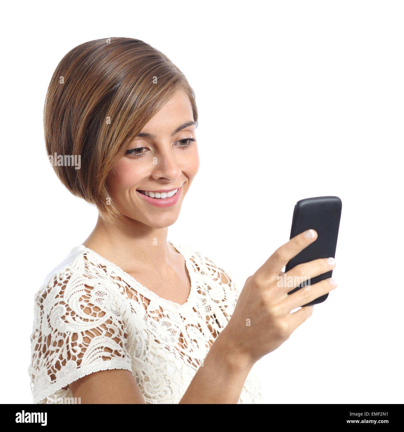Fashion woman using a smart mobile phone isolated on a white background ...