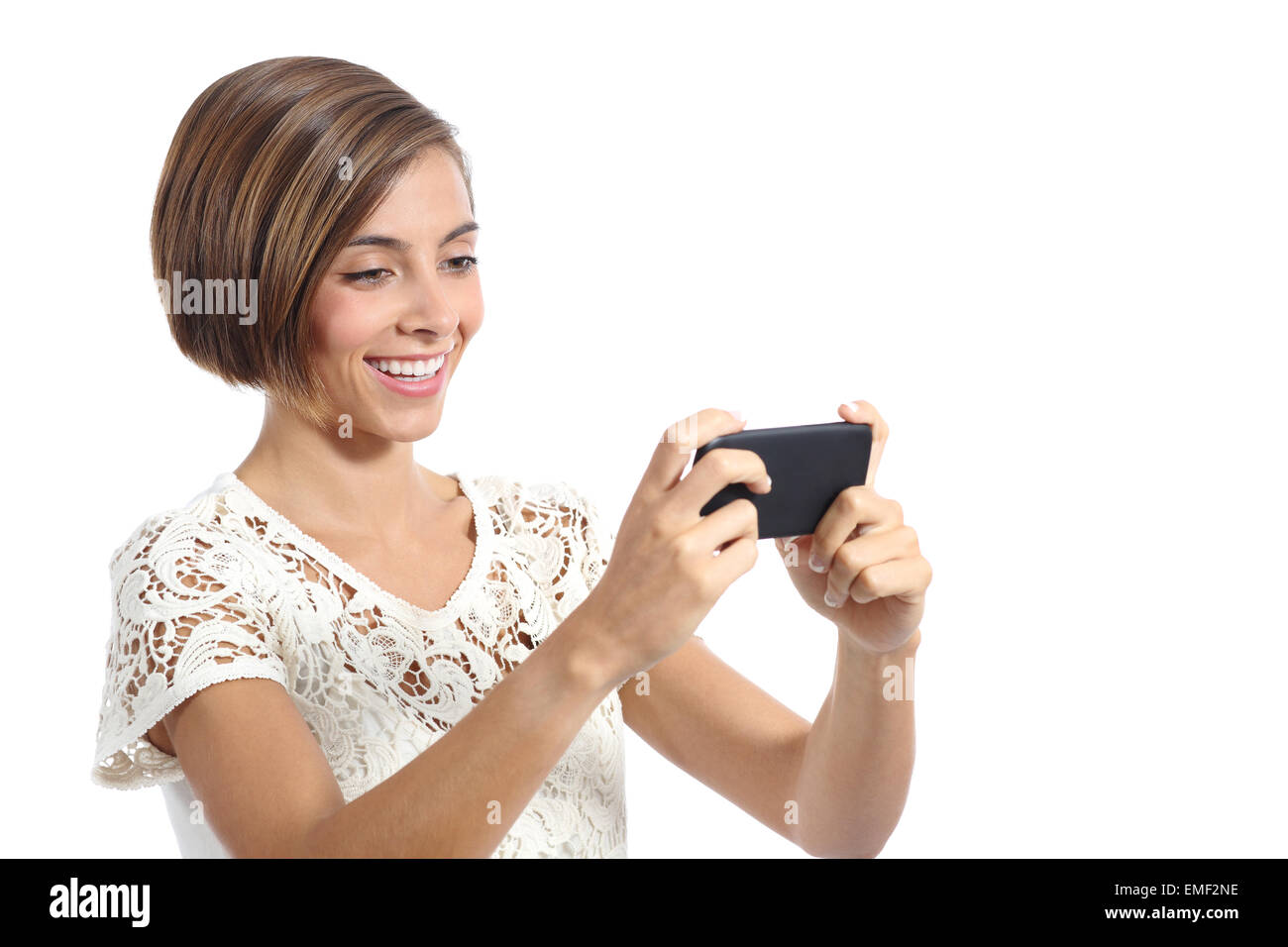 Modern fashion woman watching video in a smart phone isolated on a ...