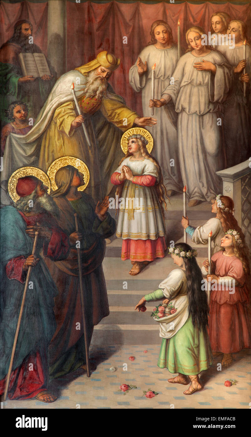 Vienna - The Presentation of Virgin Mary in the Temple. Paint from 20. cent in the church ...