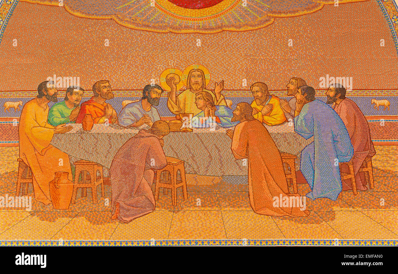 JERUSALEM, ISRAEL - MARCH 3, 2015: The last supper. Mosaic in Church of ...