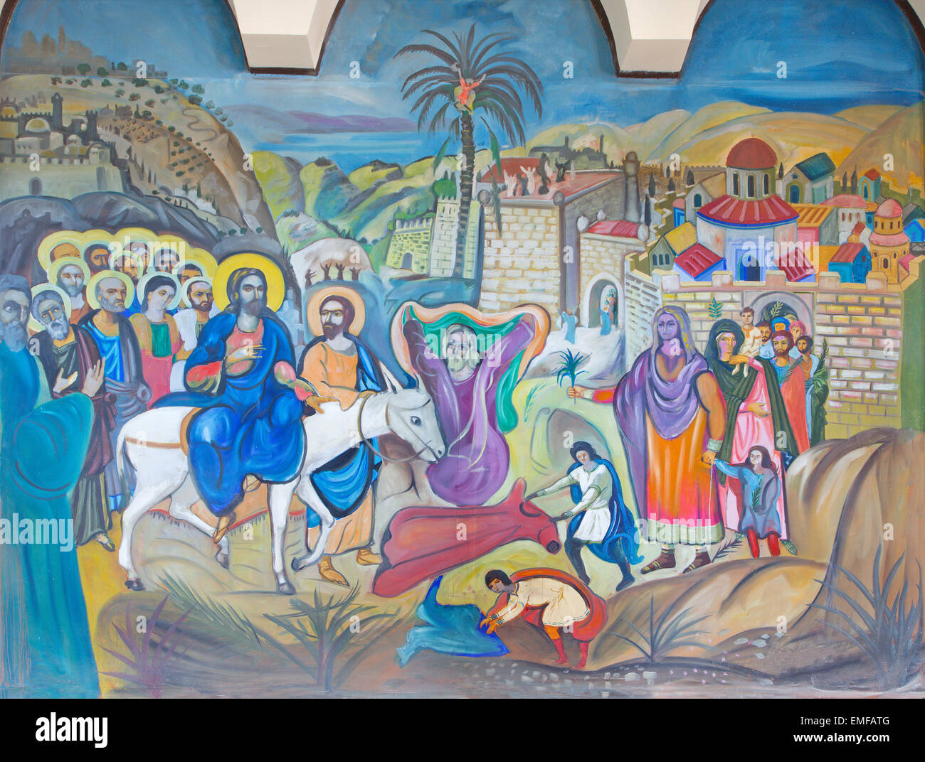 BETHLEHEM, ISRAEL - MARCH 6, 2015: The modern fresco of Palm Sunday ...