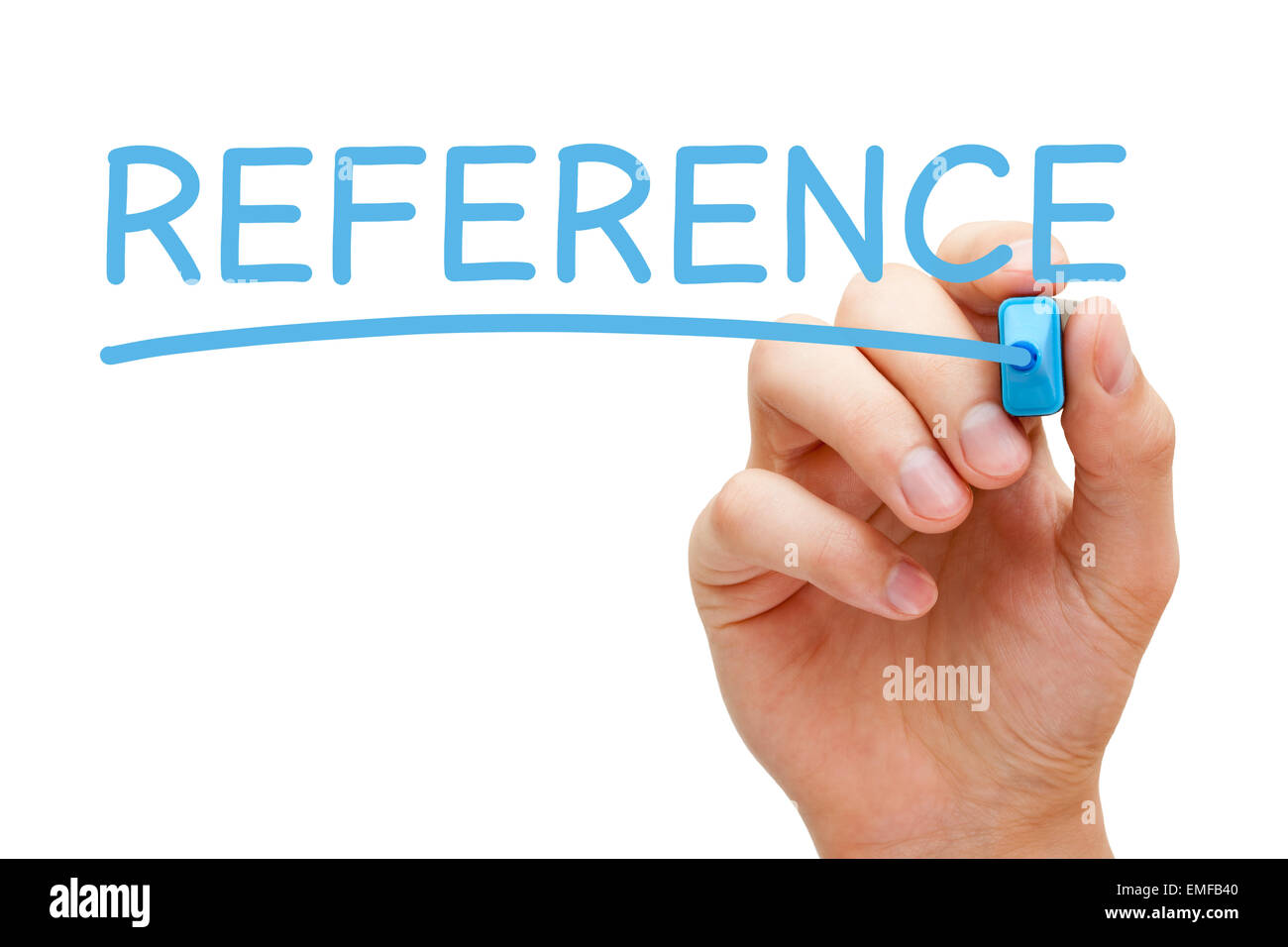 Hand writing Reference with blue marker on transparent wipe board ...