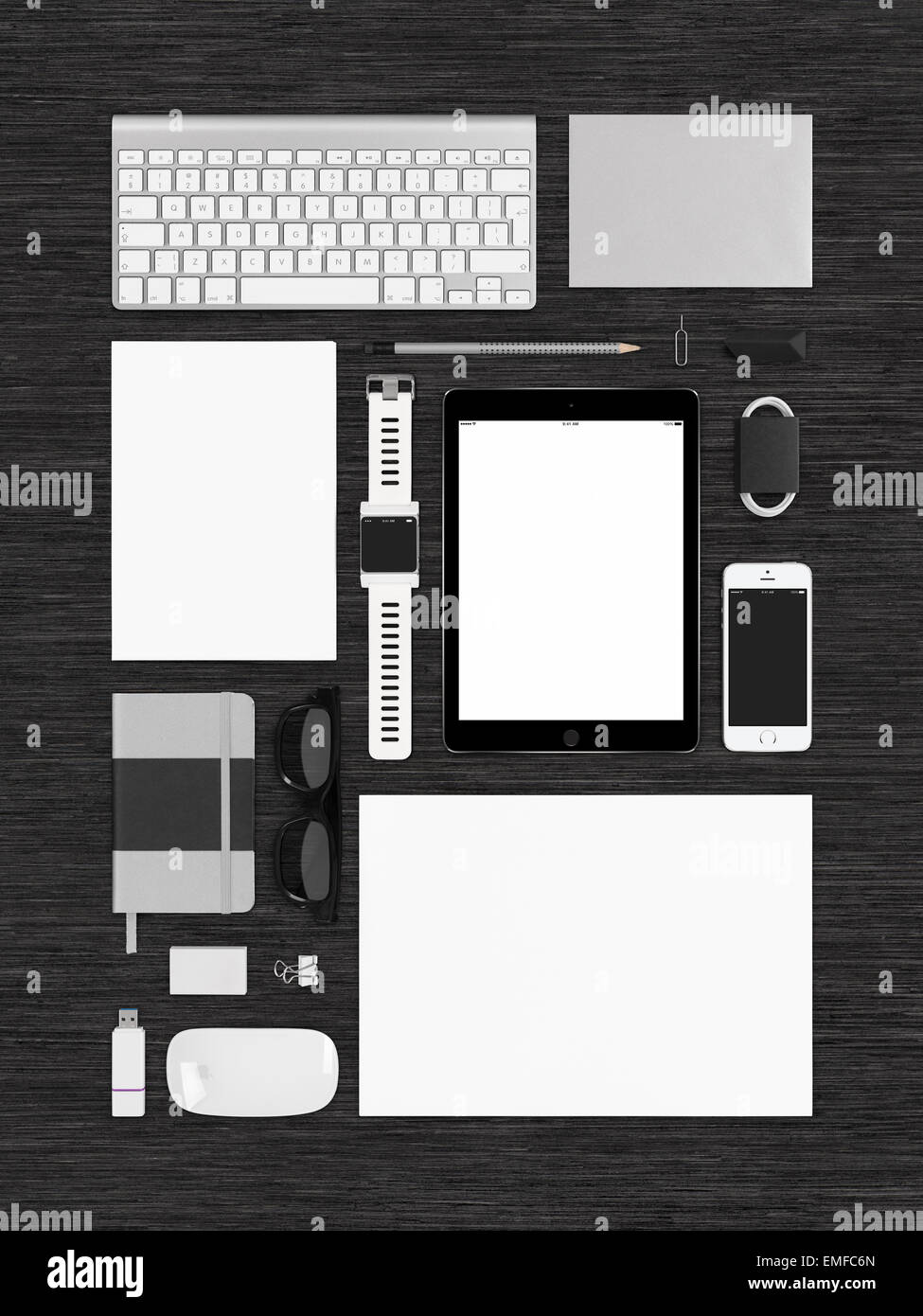 Top view of template technology. Consists of tablet computer, smart ...