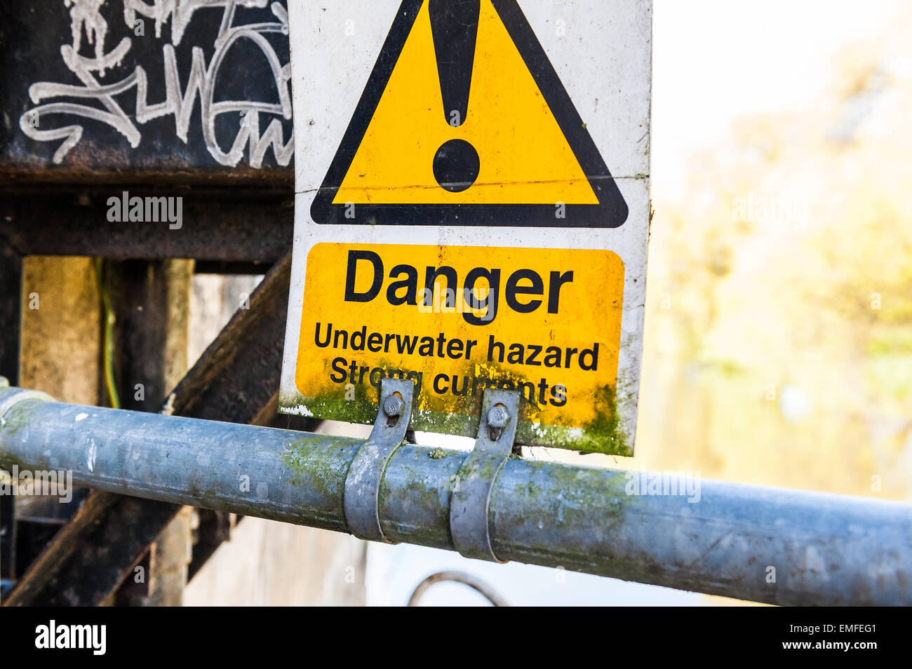 Danger hazard strong currents sign next to river Stock Photo - Alamy