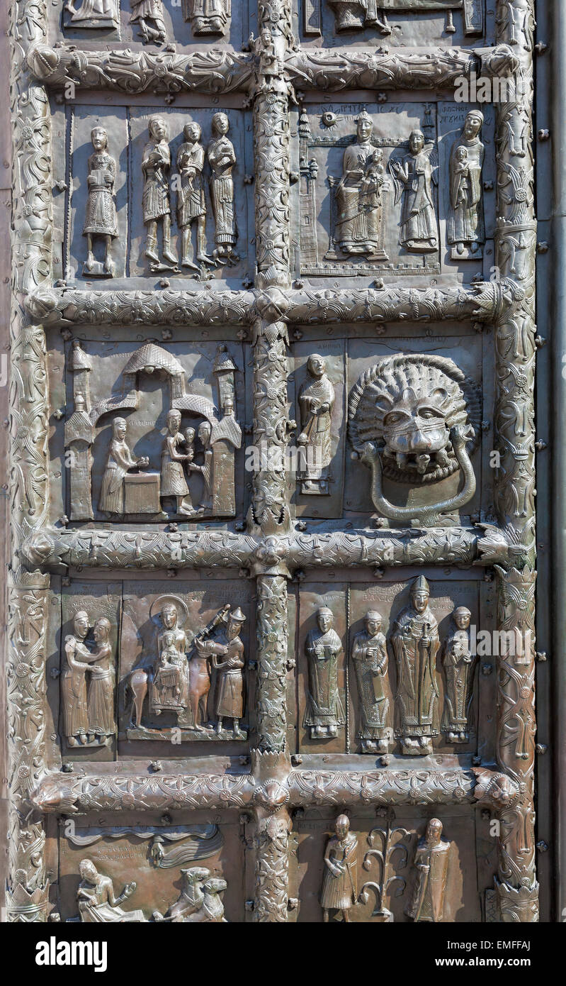 Detail of the ancient Magdeburg Gates of St. Sophia Cathedral in Veliky ...