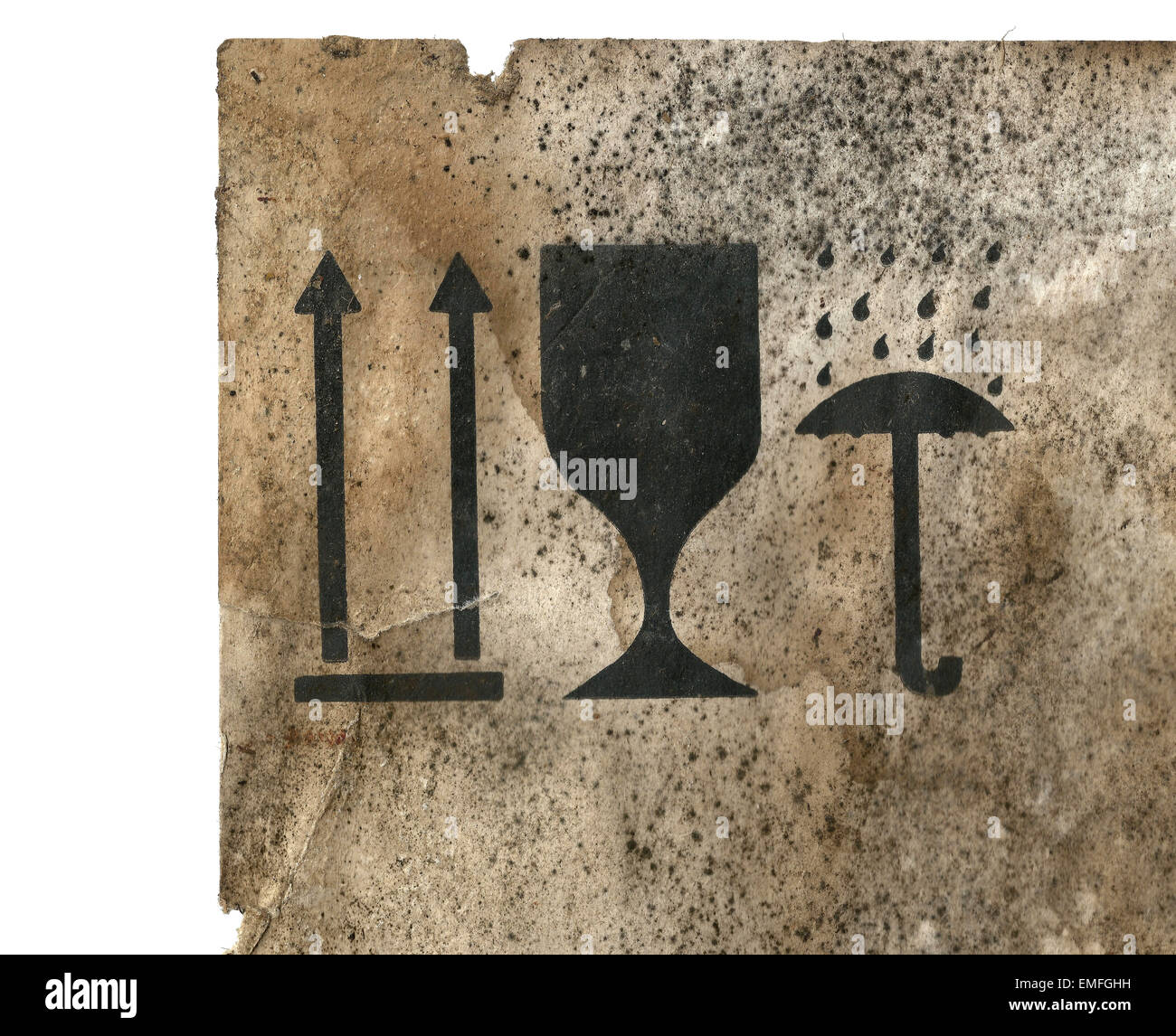 Sign of a package on the old vintage cardboard. Closeup sign on ...