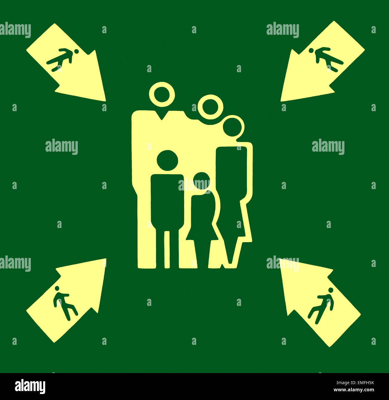 Yellow assembly point sign on green background Stock Photo - Alamy