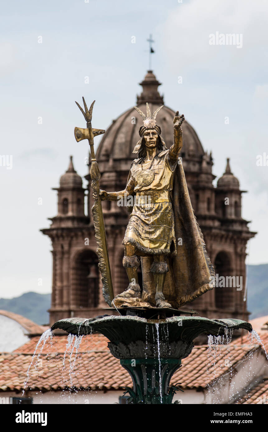 Monument to the Inca and the bell tower of the church of La Merced in ...