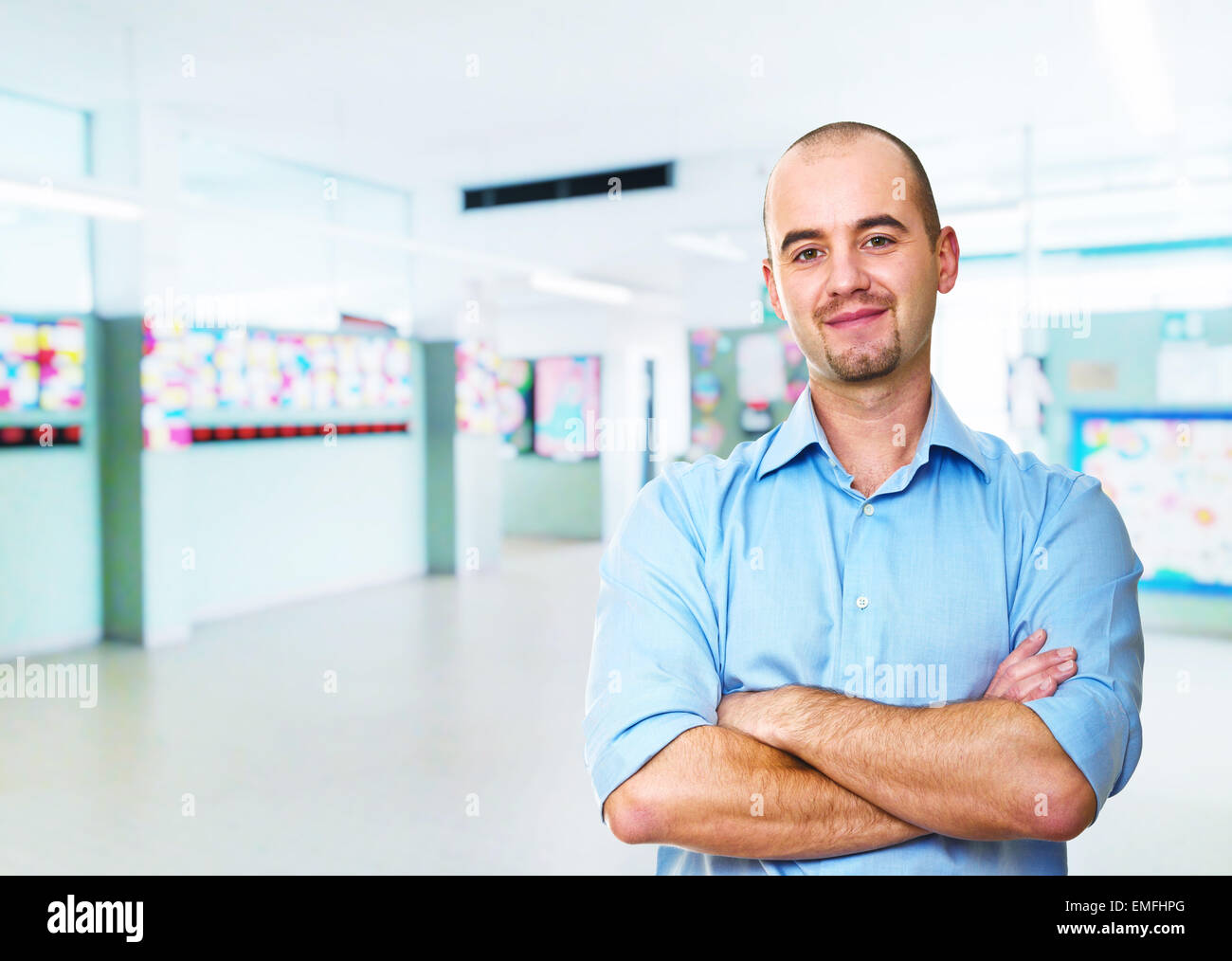 teacher portrait and school background Stock Photo - Alamy