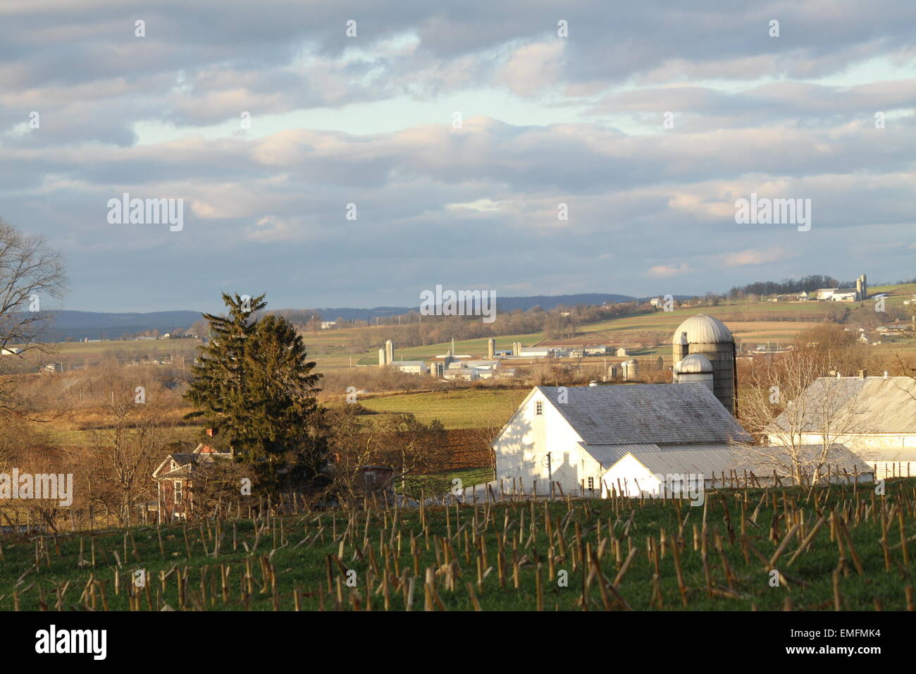 Farm buildings and Silos on a large expanse of farm land Stock Photo ...