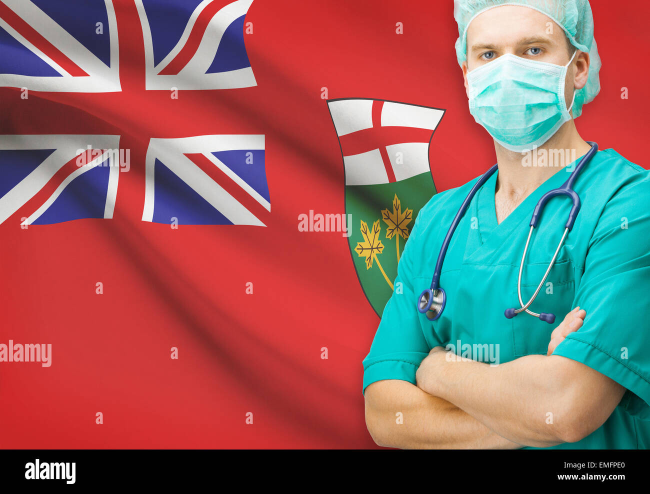 Surgeon with Canadian privinces flag on background - Ontario Stock ...