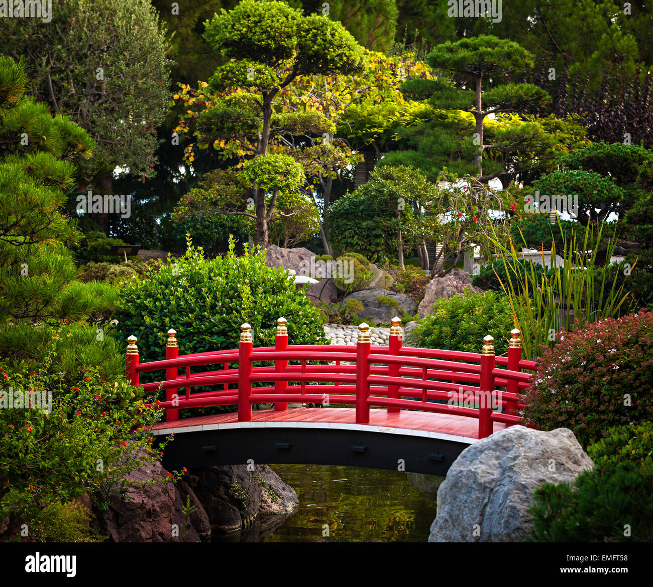 Red bridge over pond in Japanese garden. Monte Carlo, Monaco Stock ...